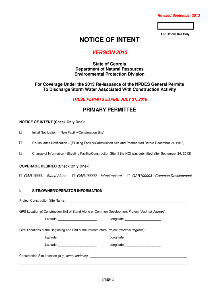 Fillable Online For Official Use Only NOTICE OF INTENT Fax Email Print ...