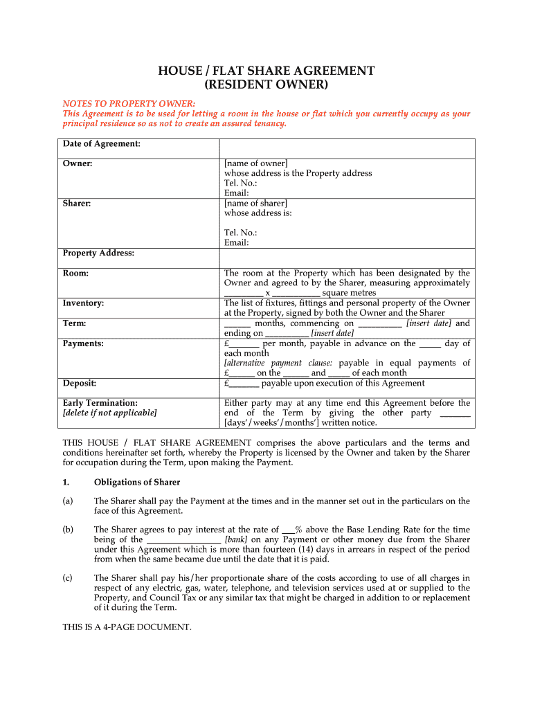 Fillable Online HOUSE FLAT SHARE AGREEMENT RESIDENT OWNER Fax Email ...