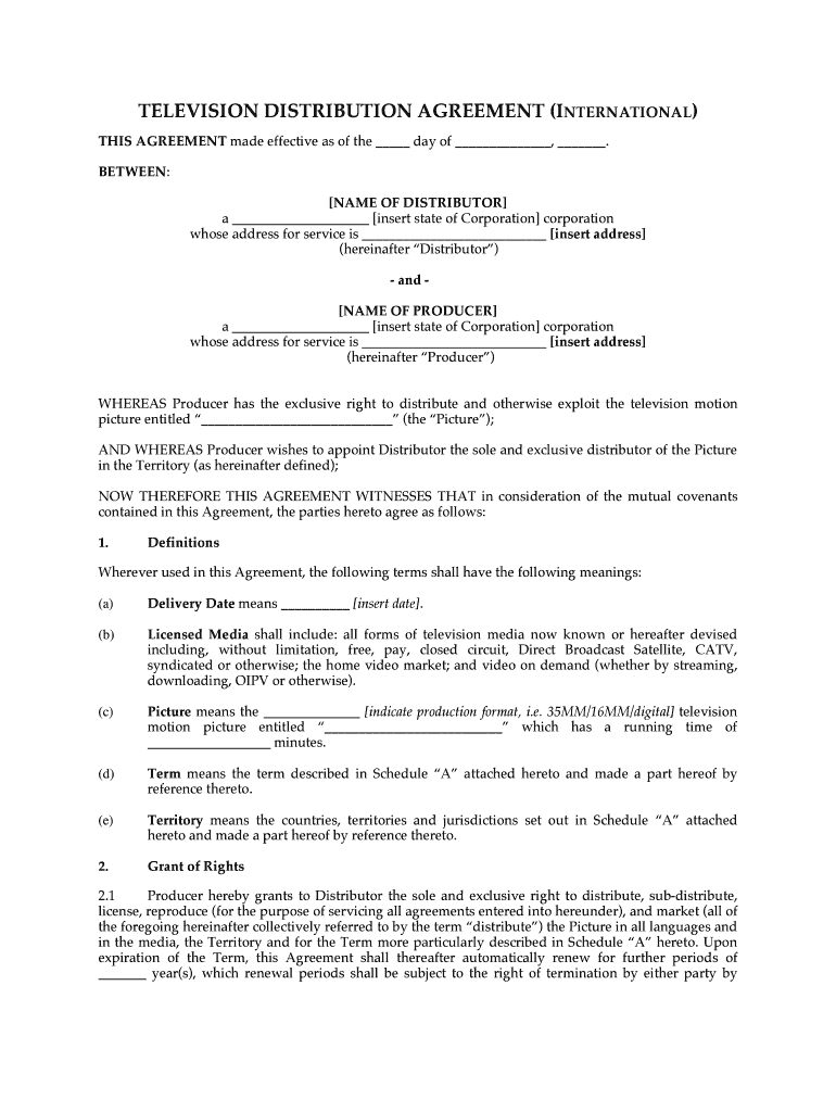 Fillable Online TELEVISION DISTRIBUTION AGREEMENT INTERNATIONAL Fax ...