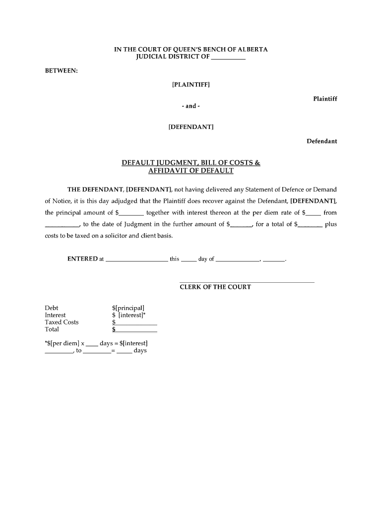 Fillable Online DEFAULT JUDGMENT BILL OF COSTS AFFIDAVIT OF DEFAULT Fax ...
