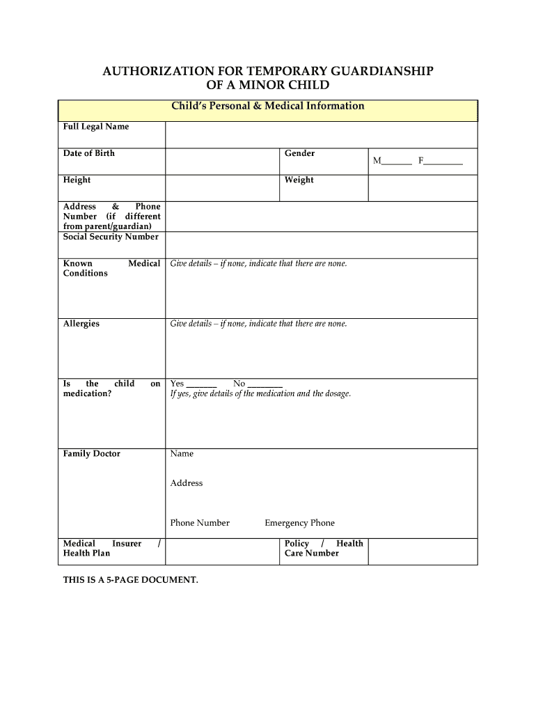 Fillable Online AUTHORIZATION FOR TEMPORARY GUARDIANSHIP OF A MINOR CHILD Fax Email Print ...