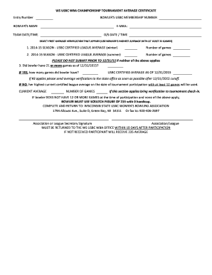 Fillable Online WS USBC WBA CHAMPIONSHIP TOURNAMENT AVERAGE CERTIFICATE ...