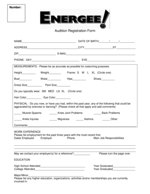 Fillable Online Audition Registration Form - Turner Company Fax Email ...