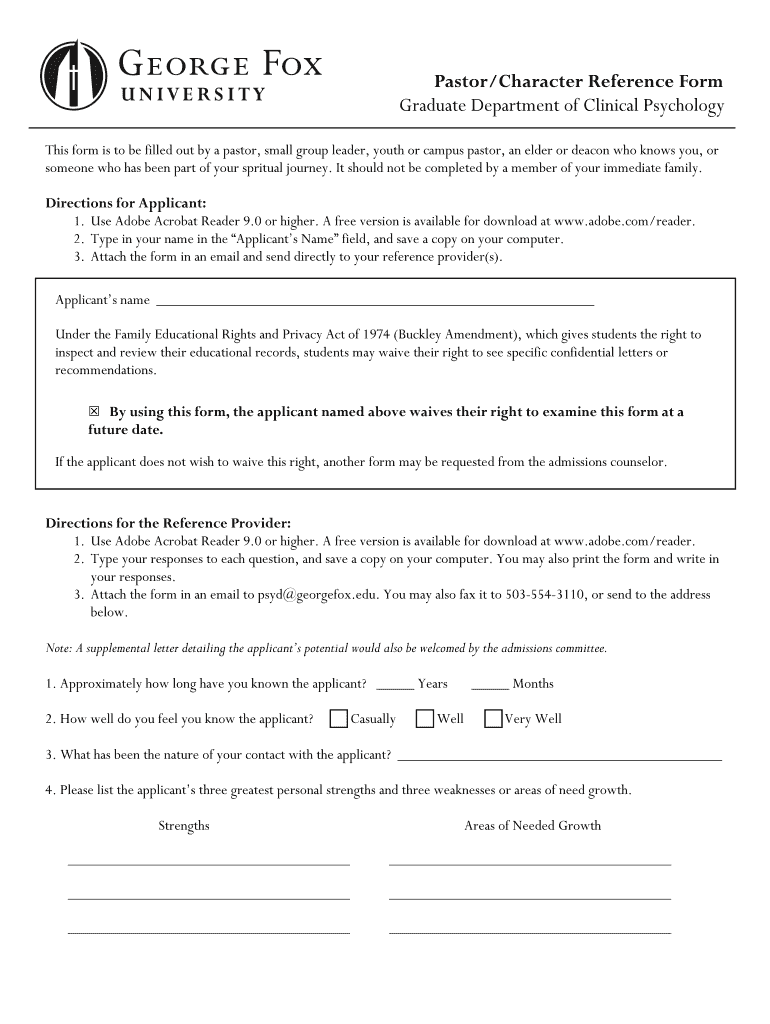 Fillable Online PastorCharacter Reference Form Graduate Department of ...