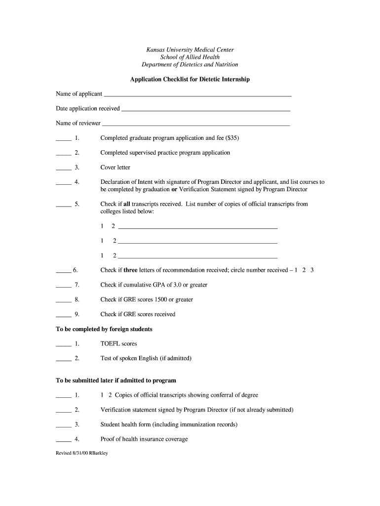 Fillable Online Application Checklist for Dietetic Internship - ApplyWeb Fax Email Print - pdfFiller