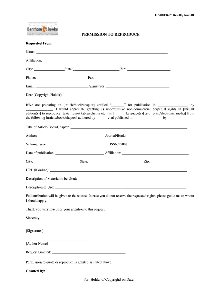 Fillable Online PERMISSION TO REPRODUCE - Bentham eBooks Fax Email ...