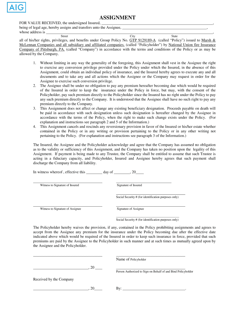 Fillable Online ASSIGNMENT OF INSURANCE - connectmmccom Fax Email Print ...
