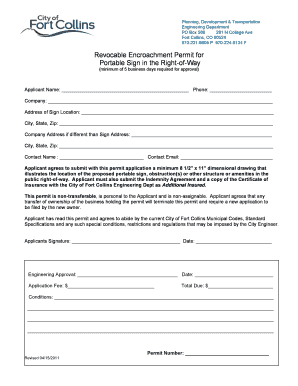 Fillable Online Revocable Encroachment Permit for Portable Sign in the ...