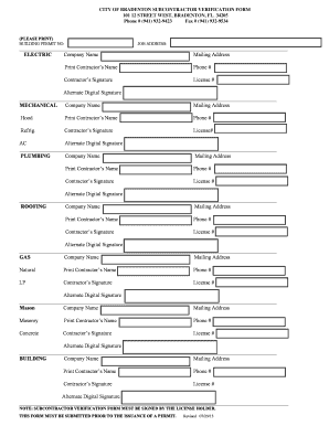 Fillable Online CITY OF BRADENTON SUBCONTRACTOR VERIFICATION FORM Fax ...