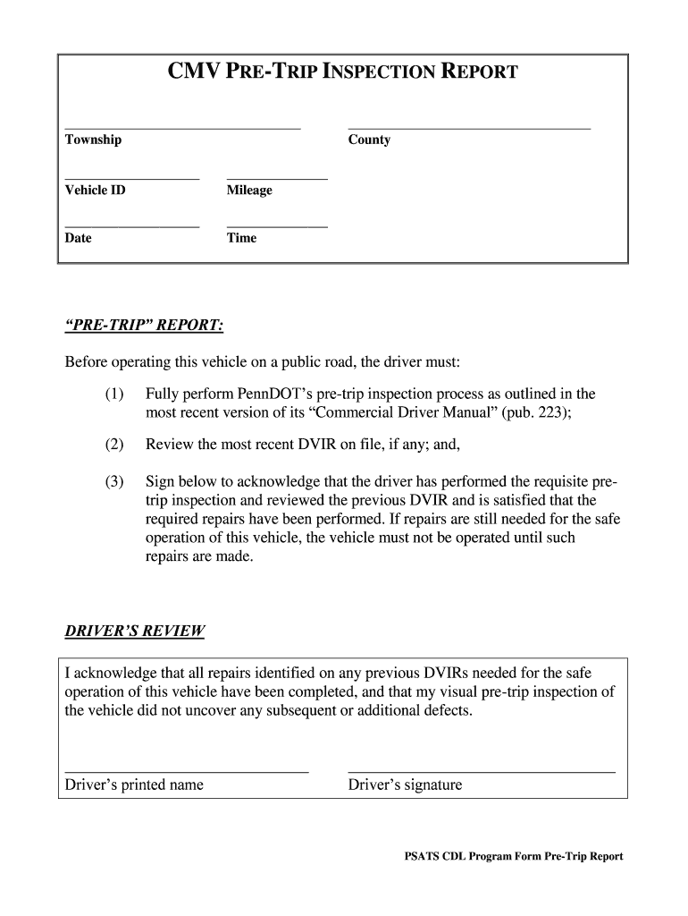 Fillable Online CMV PRE-TRIP INSPECTION REPORT - gridservercom Fax ...