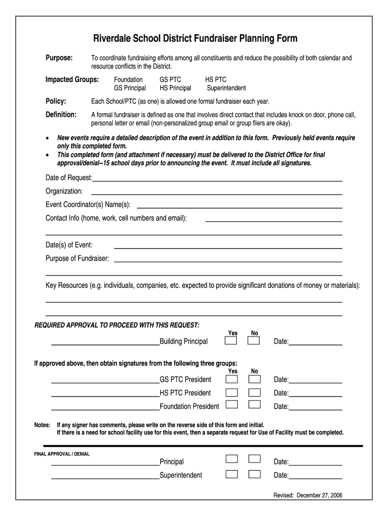 Fillable Online Fundraiser Planning Form - Riverdale School District ...