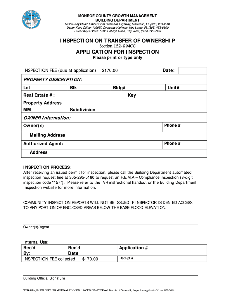 Fillable Online Flood Transfer of Ownership Inspection ApplicationV1 ...