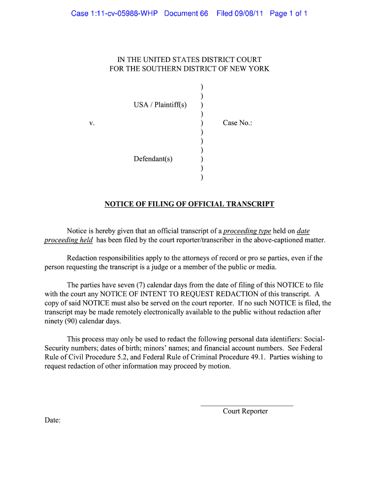 Fillable Online NOTICE OF FILING OF OFFICIAL TRANSCRIPT Fax Email Print ...