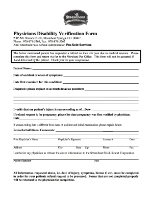 Fillable Online Physicians Disability Verification Form - Steamboat Ski ...