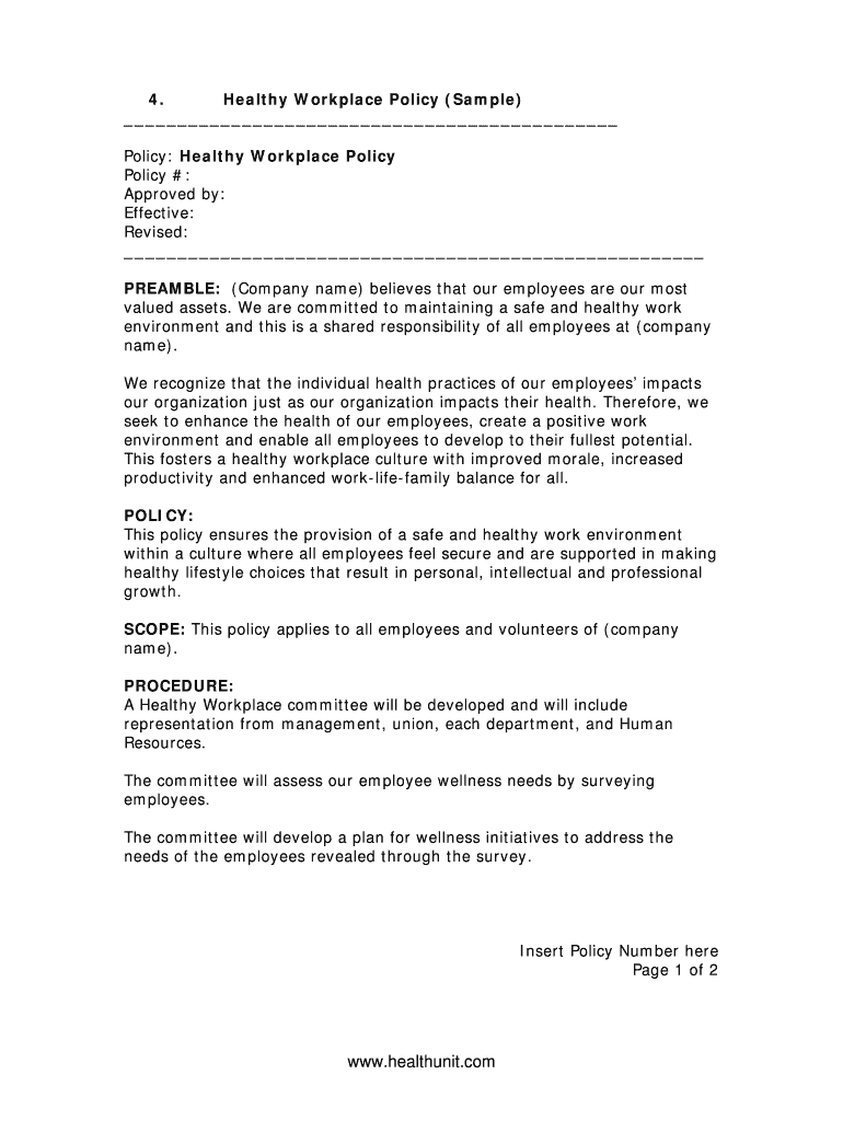 Fillable Online Healthy Workplace Policy (Sample) Fax Email Print ...