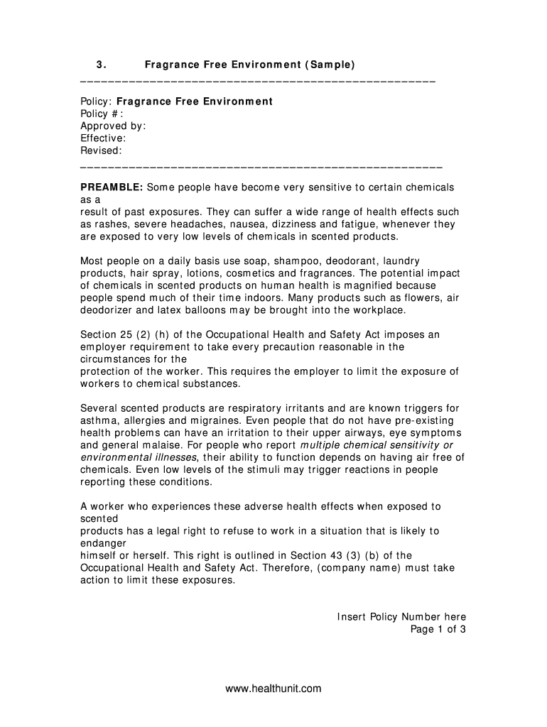 Fillable Online 3 Fragrance Free Environment Sample Fragrance Free Fax ...