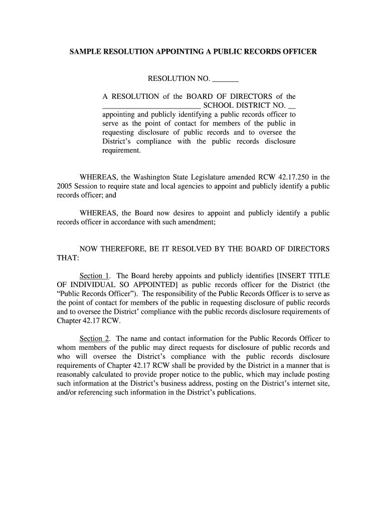 Fillable Online SAMPLE RESOLUTION APPOINTING A PUBLIC RECORDS OFFICER ...