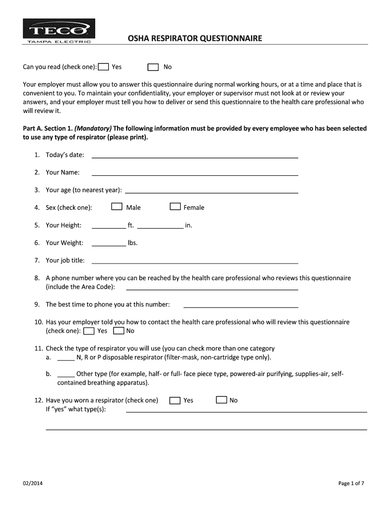 Fillable Online OSHA RESPIRATOR QUESTIONNAIRE - tecoedgetecoenergycom ...