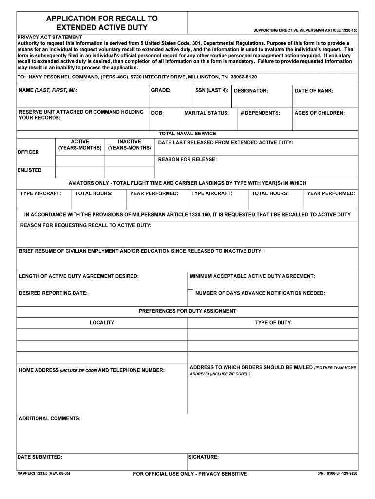 Fillable Online APPLICATION FOR RECALL TO EXTENDED ACTIVE DUTY Fax ...