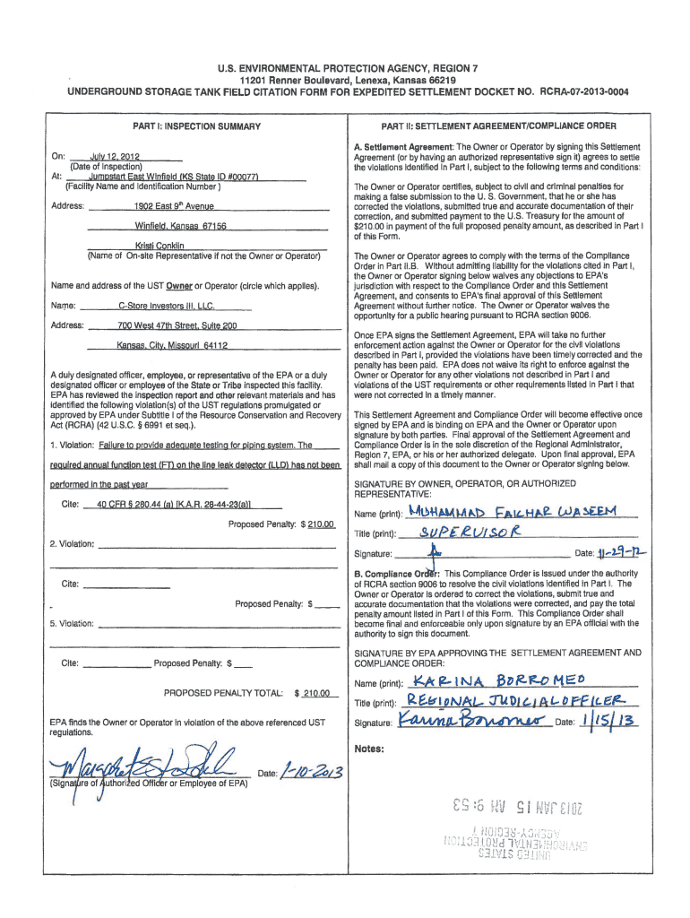 Underground storage tank field citation form for expedited settlement ...
