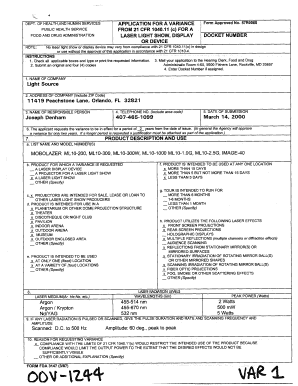 Fillable Online fda DE 1 APPLICATION FOR A VARIANCE Form Approved No ...