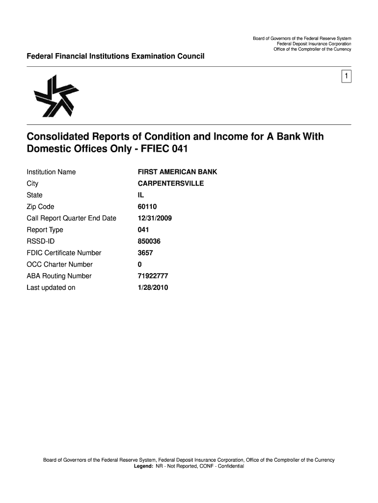Fillable Online Consolidated Reports of Condition and Income for A Bank ...