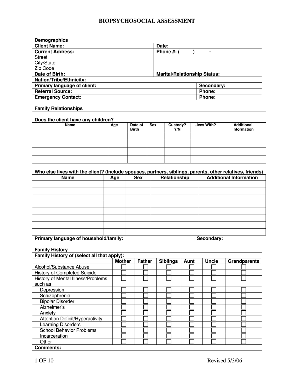 Biopsychosocial Assessment Template Printable Blank PDF Online