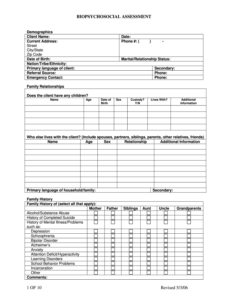 Biopsychosocial Assessment Template Fill Online Printable Fillable 