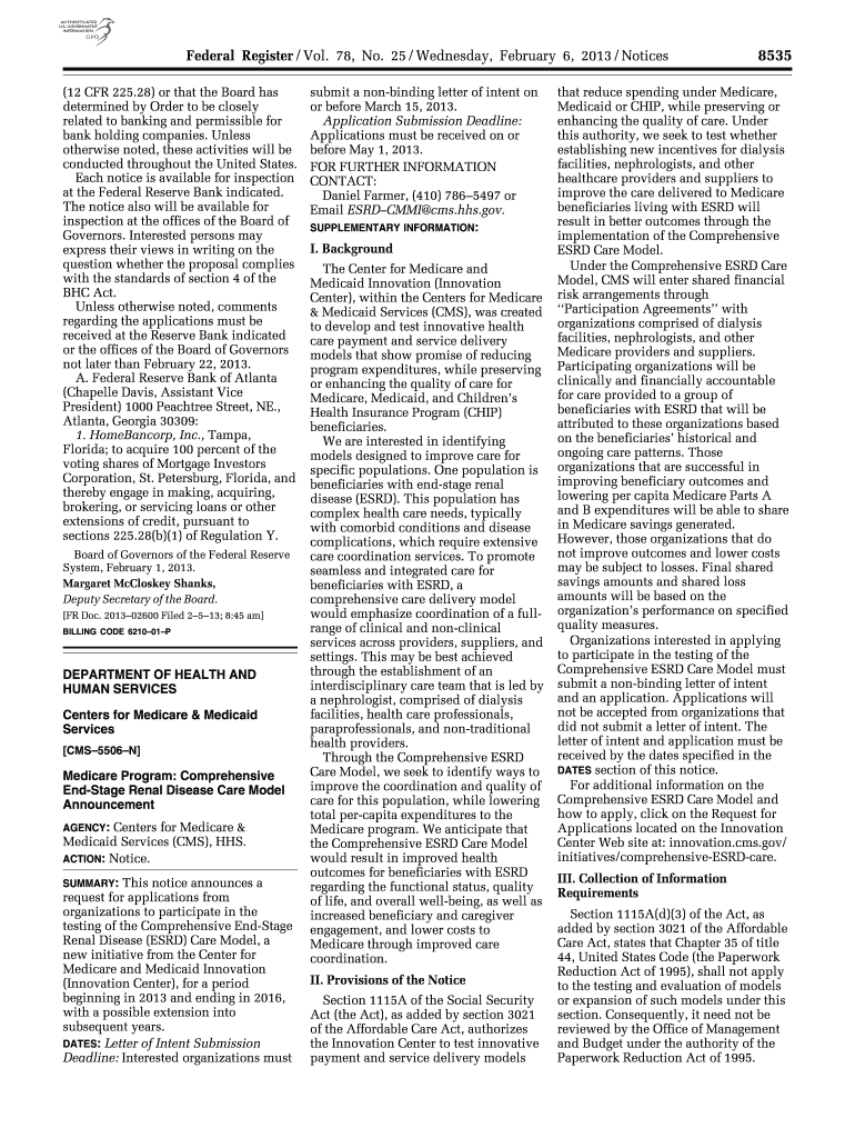 Fillable Online Medicare Program: Comprehensive End-Stage Renal Disease Care Model Announcement ...