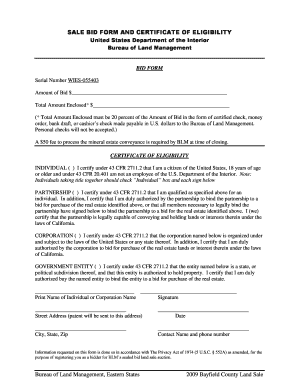 Fillable Online blm Sale Bid Form and Certificate of Eligibility ...