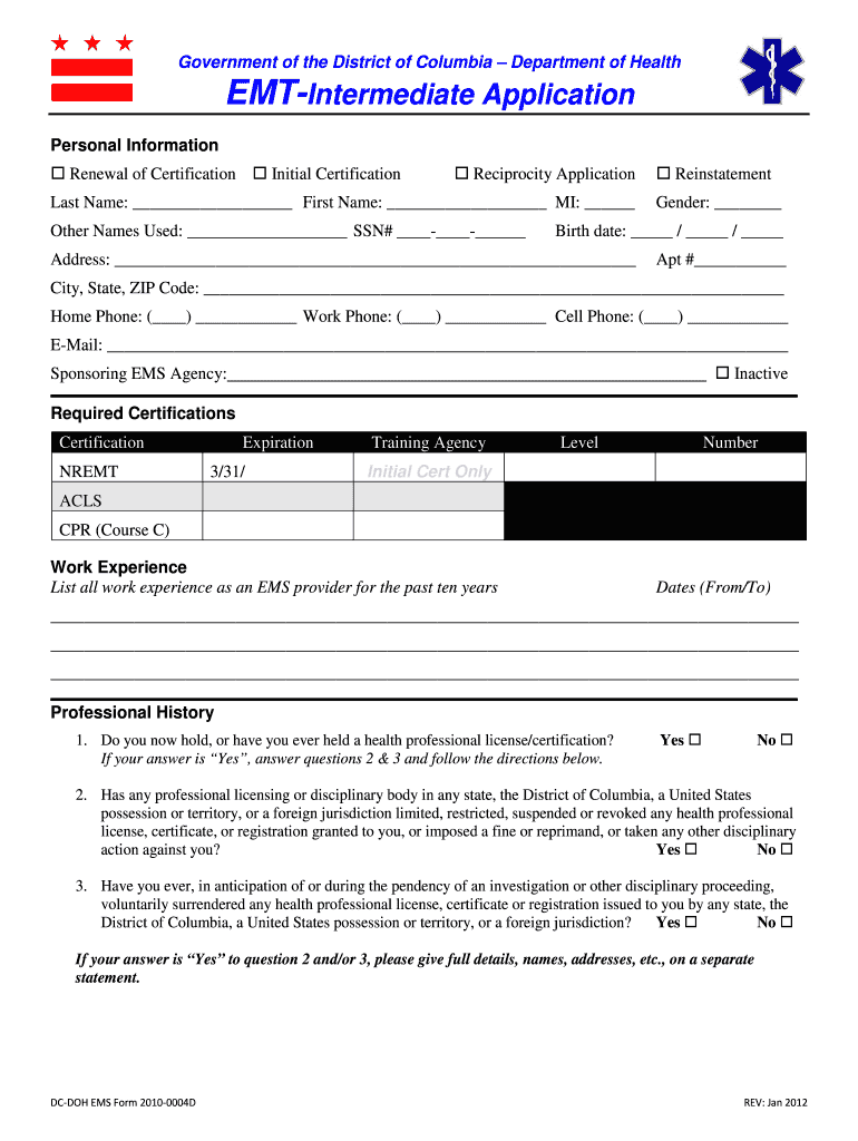 Fillable Online EMT-Intermediate Application Fax Email Print - pdfFiller