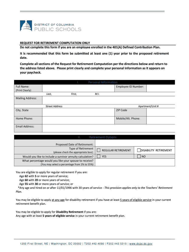 Fillable Online dcps dc REQUEST FOR RETIREMENT COMPUTATION ONLY Fax ...