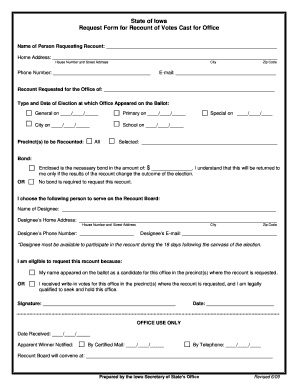 Fillable Online sos iowa Request Form for Recount of Votes Cast for ...