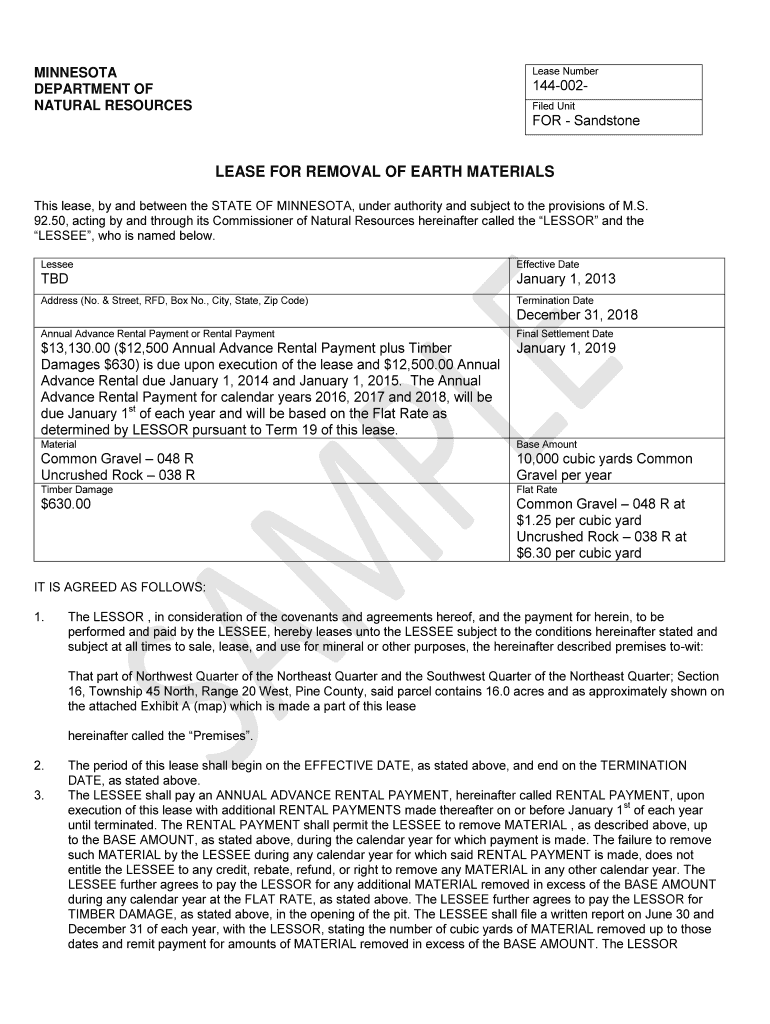 Fillable Online LEASE FOR REMOVAL OF EARTH MATERIALS Fax Email Print ...