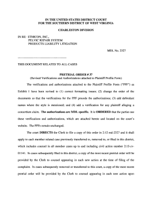 Fillable Online wvsd uscourts Ethicon PTO # 37 - revised verifications ...