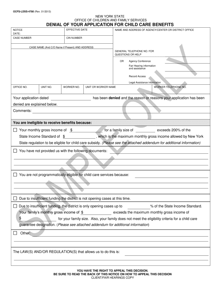 Fillable Online DENIAL OF YOUR APPLICATION FOR CHILD CARE BENEFITS ...