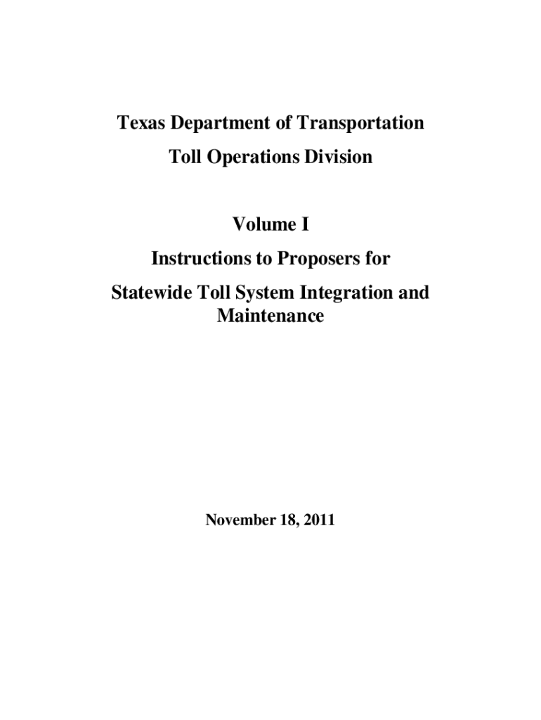 Fillable Online TOLL OPERATIONS DIVISION – VOLUME I - INSTRUCTIONS TO ...