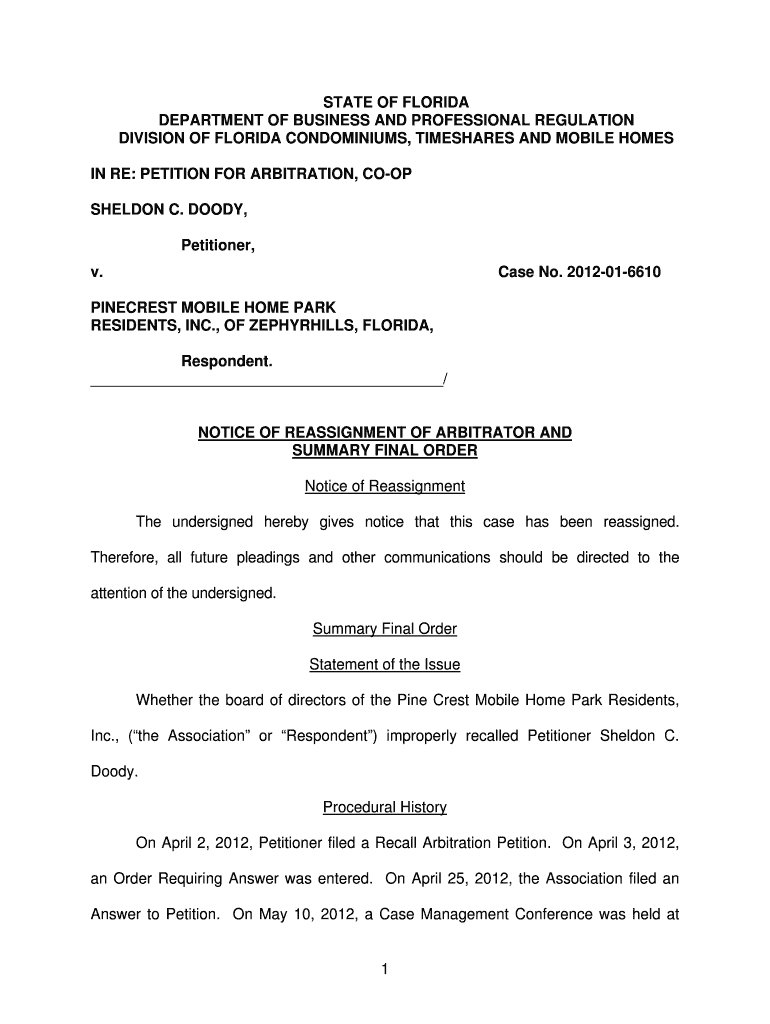 Fillable Online NOTICE OF REASSIGNMENT OF ARBITRATOR AND SUMMARY FINAL ...