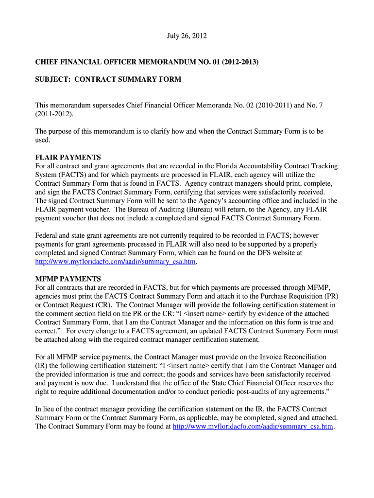 Fillable Online Chief Financial Officer Memorandum No. 01 (2012-2013 ...
