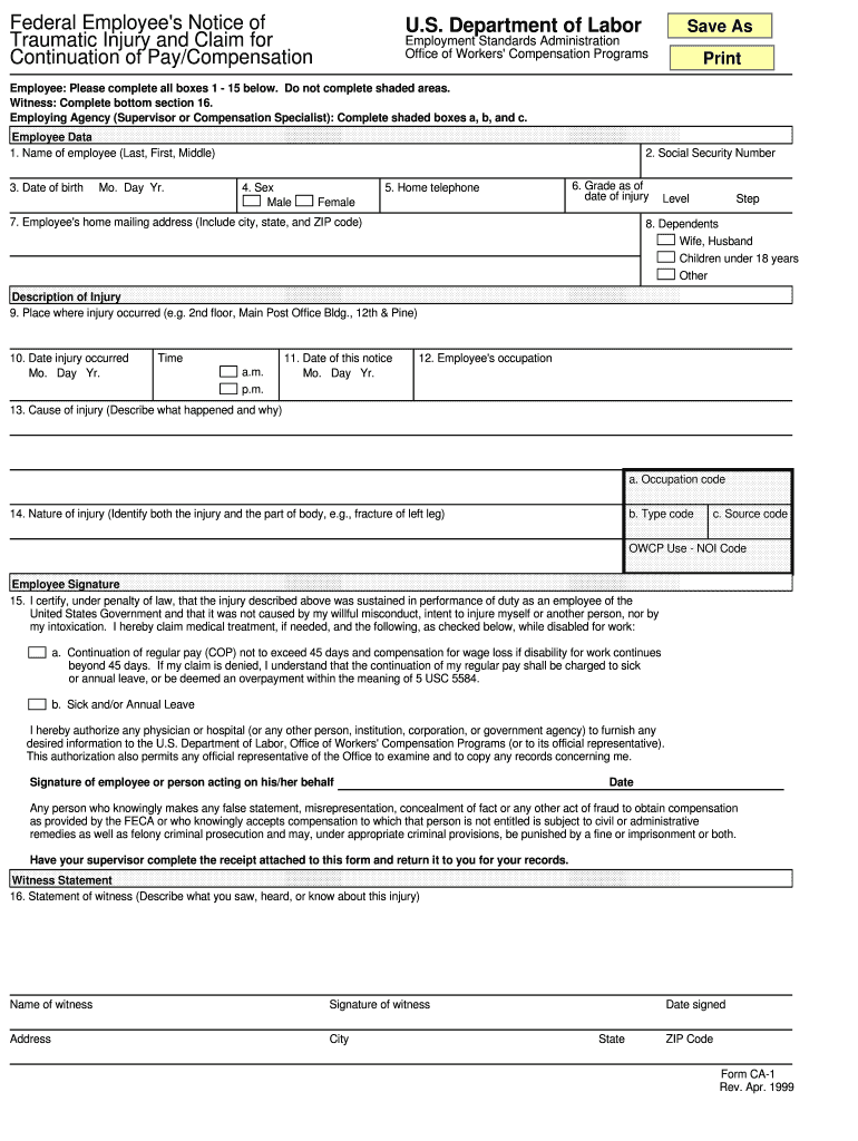 Fillable Online Federal Employee's Notice of Traumatic Injury and Claim ...