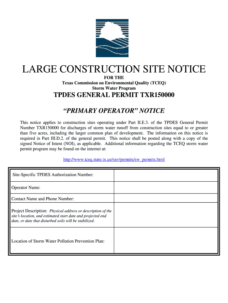 Large Construction Site Notice - General Permit - MS4web: Fill out ...