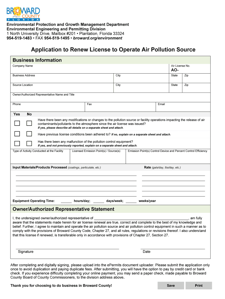 Fillable Online Application to Renew License to Operate Air Pollution Source Fax Email Print ...