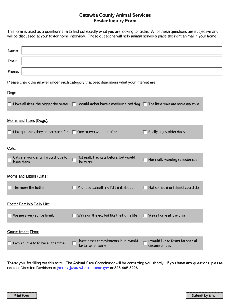 Catawba County Animal Services Foster Inquiry Form: Fill out & sign ...