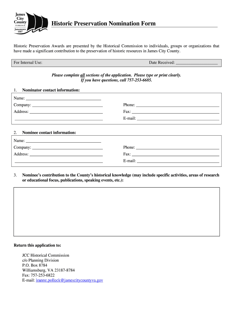 Historic Preservation Nomination Form - James City County: Fill out ...