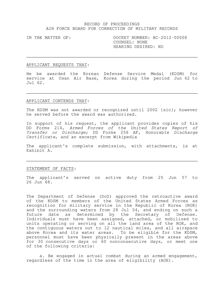 RECORD OF PROCEEDINGS AIR FORCE BOARD FOR CORRECTION OF MILITARY ...