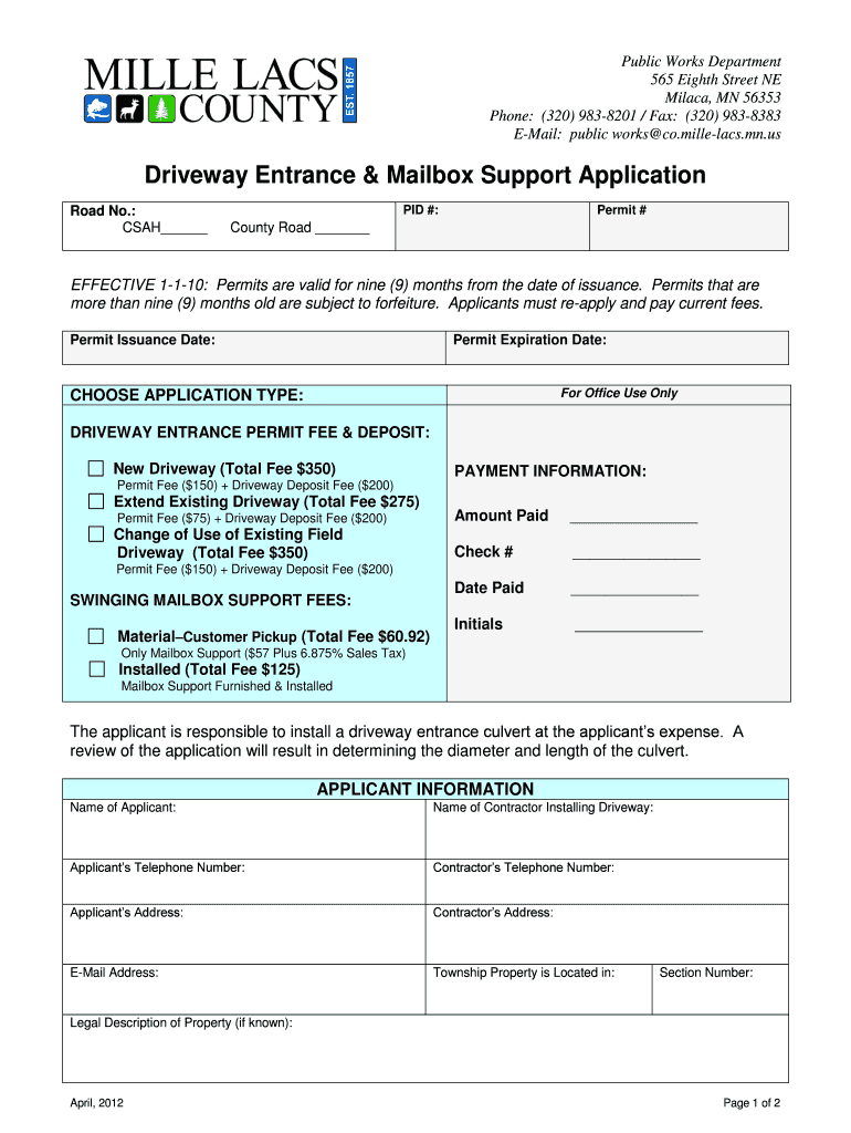 Driveway Entrance and Mailbox Support Application - Mille Lacs County ...