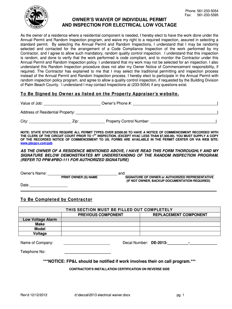 Fillable Online Owner’s Waiver of Individual Permit and Inspection Fax ...