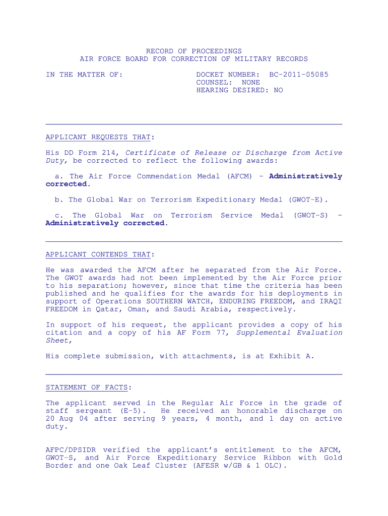 Fillable Online AIR FORCE BOARD FOR CORRECTION OF MILITARY RECORDS Fax ...