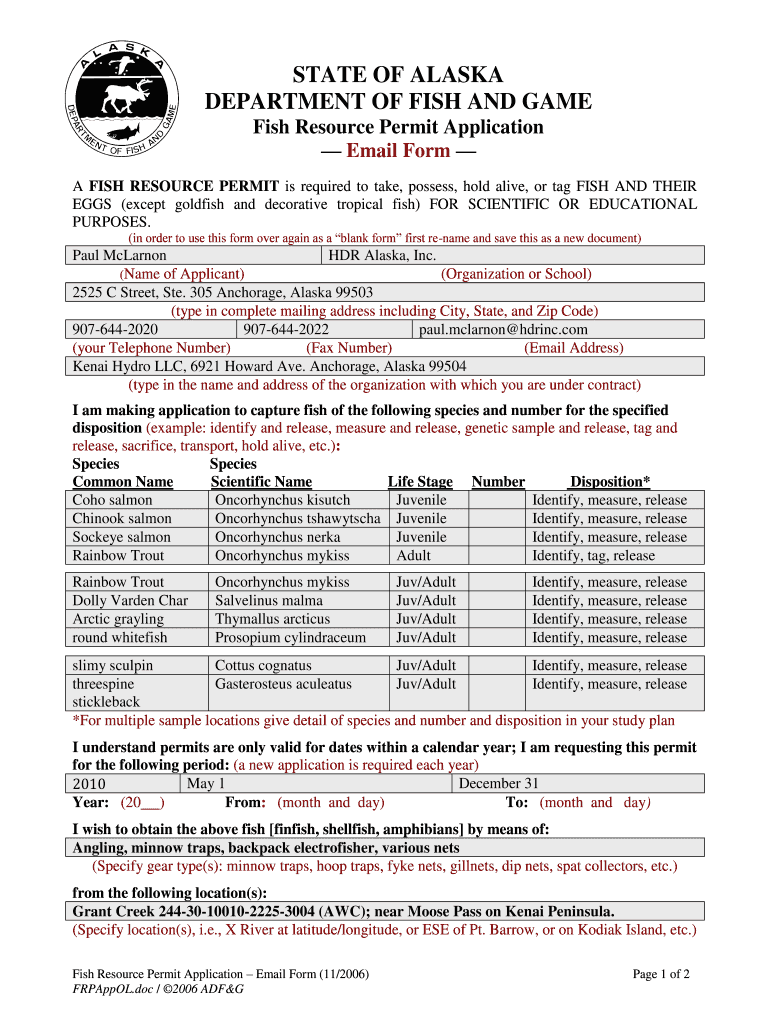 Fillable Online State of Alaska Fish Resource Permit Application ...