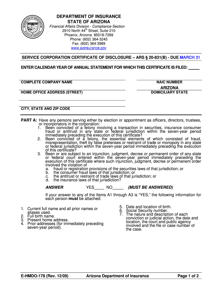 Fillable Online azinsurance E-HMDO-178 - Arizona Department of ...